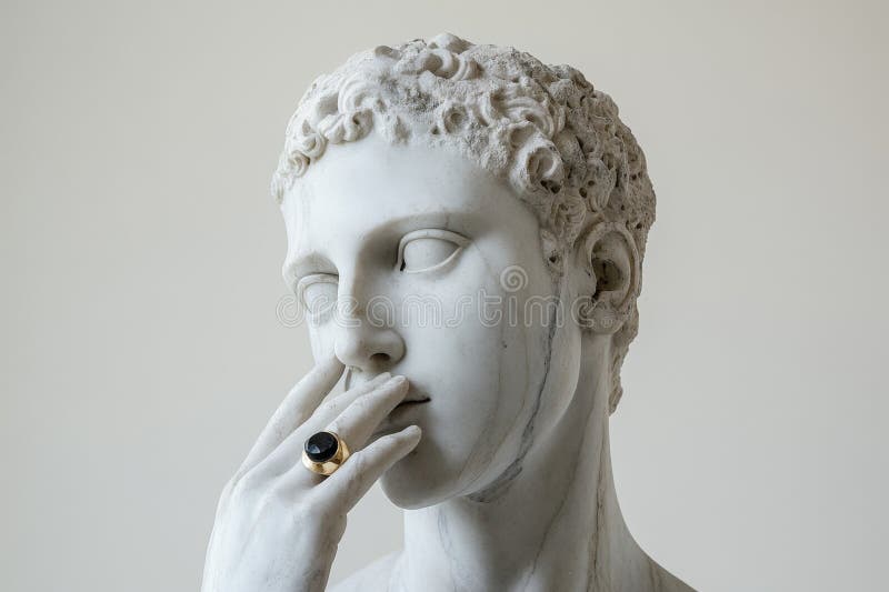 White Marble Statue Touching Face with Finger and Wearing a Ring Stock ...