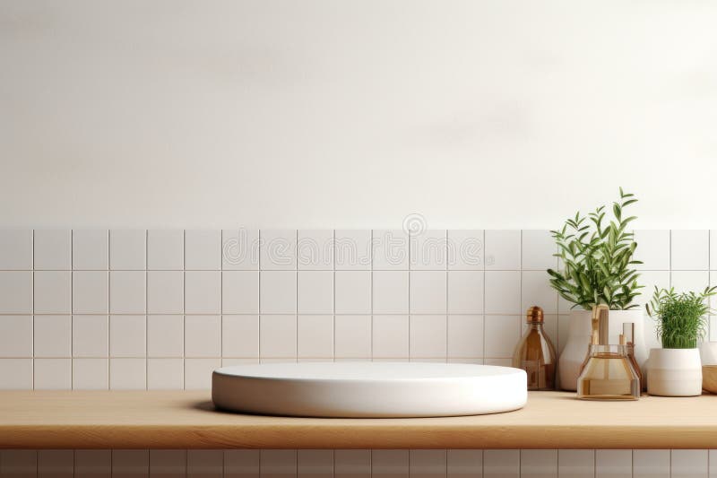 White Marble Stone Stand on Kitchen Table with White Square Tile ...