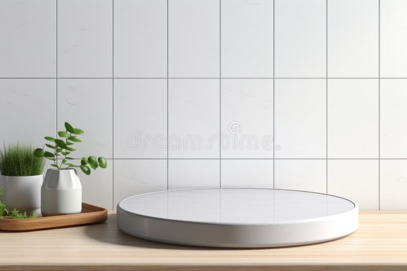 White Marble Stone Stand on Kitchen Table with White Square Tile ...