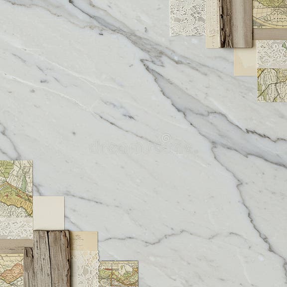 White Marble Surface Featuring a Collage of Vintage Maps, Lace Textures ...