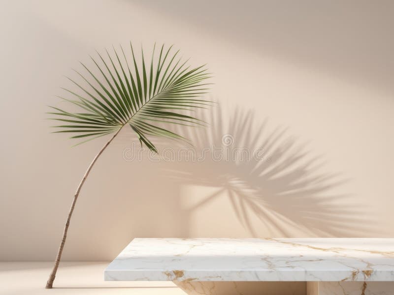 White Marble Table Palm Tree Branch Left Side Tropical Shadow. Stock ...