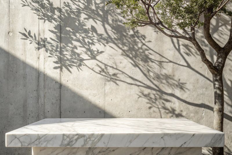 White Marble Table with Tree Shadow on Concrete Wall Stock Illustration ...