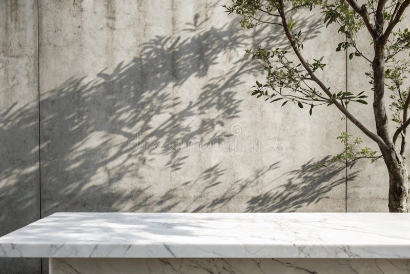 White Marble Table with Tree Shadow on Concrete Wall Stock Illustration ...