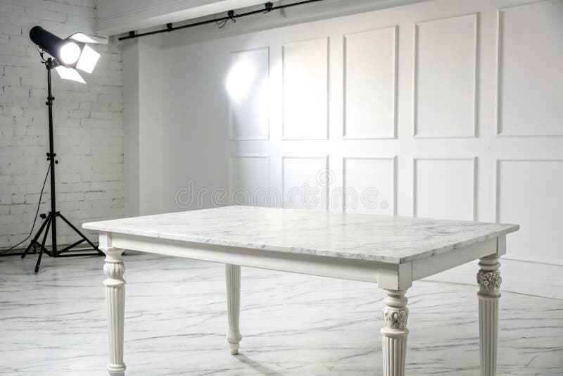 White Marble Empty Table with White Wall Backdrop and Spotlight. Bright ...