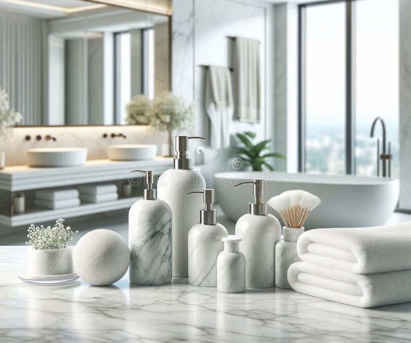 White Marble Tabletop with a Bath Accessories Set, Designed for Product ...