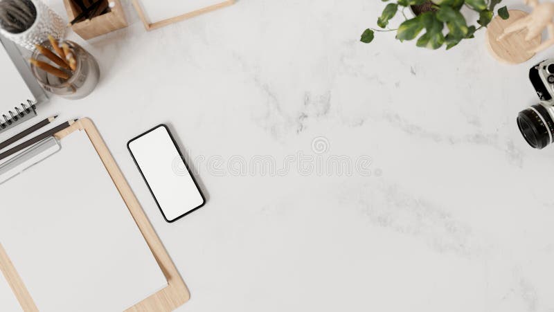 Marble Workspace Tabletop with Tablet Mockup and Copy Space Over ...