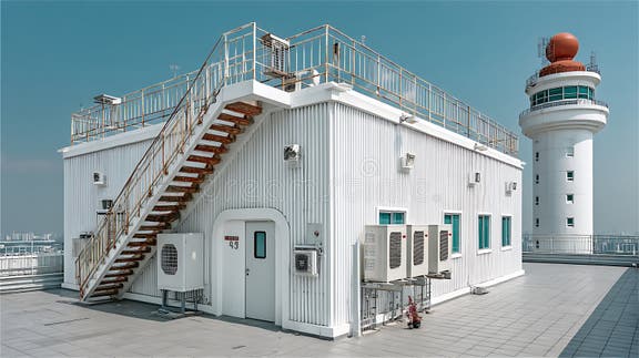 White Maritime Control Tower and Building on a Rooftop Stock ...