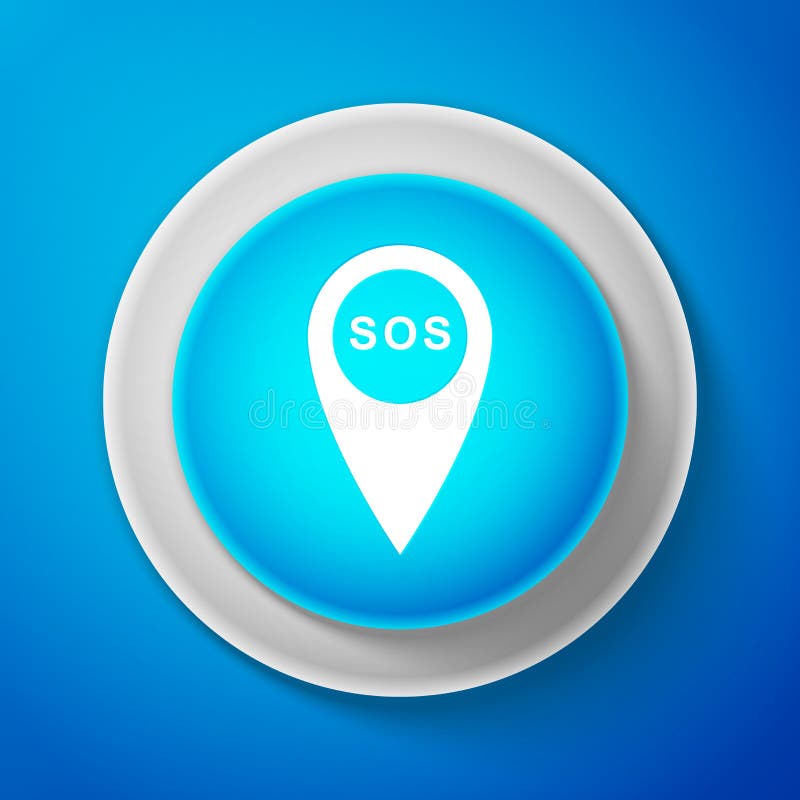 White Marker Location with SOS Icon Isolated on Blue Background. SOS ...