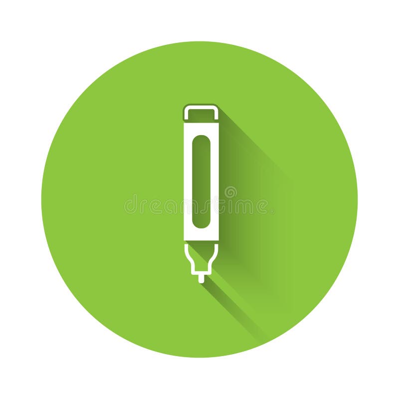 White Marker Pen Icon Isolated with Long Shadow. Green Circle Button ...