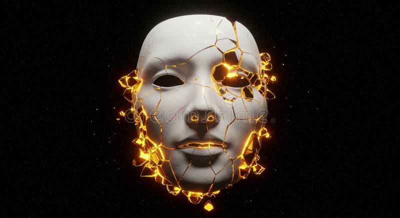 Cracked Mask Exploding with Golden Light in Space Stock Illustration ...