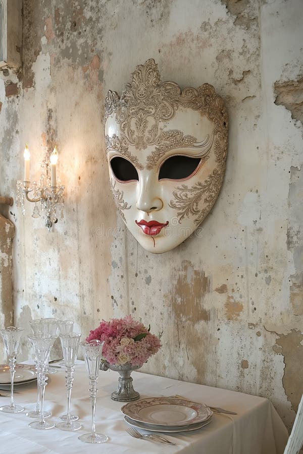 A White Mask Hanging on a Wall Above a Table Stock Image - Image of ...