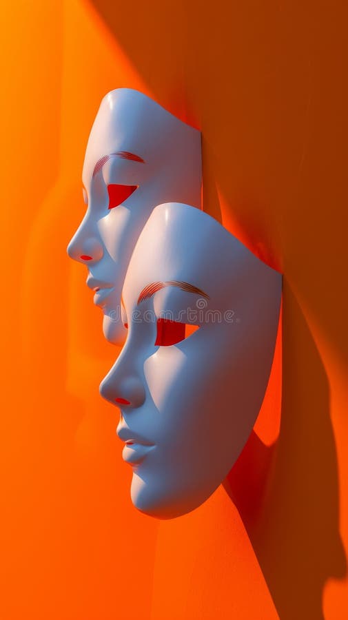 White Masks on Orange Background with Dramatic Shadows, Modern Art ...