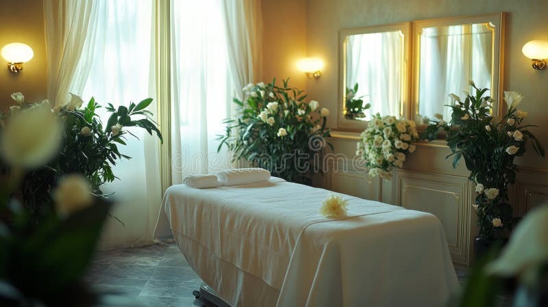 White Massage Table in a Luxurious Spa Setting Stock Illustration ...