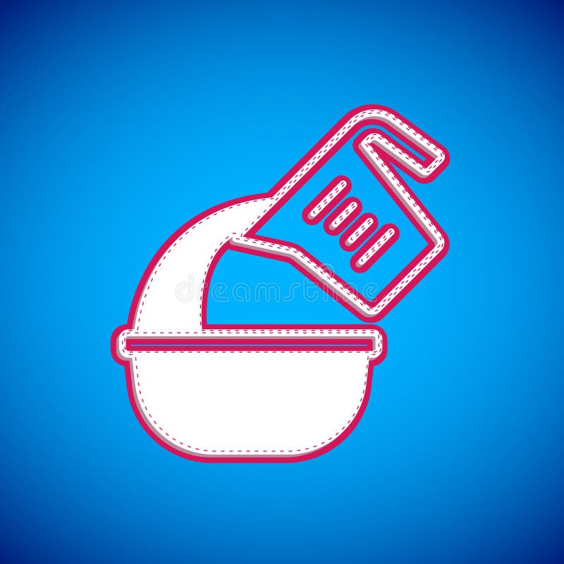White Measuring Cup Pouring Liquid into Bowl Icon Isolated on Blue ...