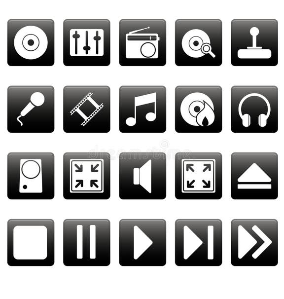 White Media Icons on Black Squares Stock Vector - Illustration of ...