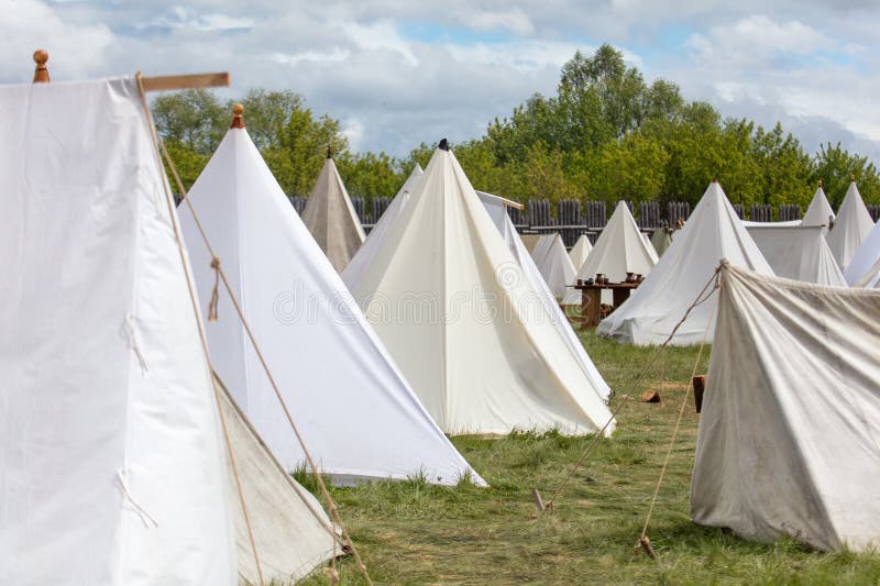 White Medieval Tents in Nature in Summer Stock Photo - Image of ...