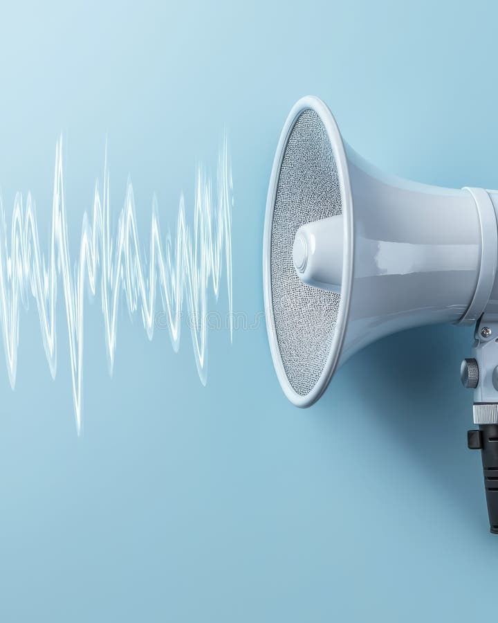 White Megaphone and Abstract Sound Wave on Light Blue Background Stock ...