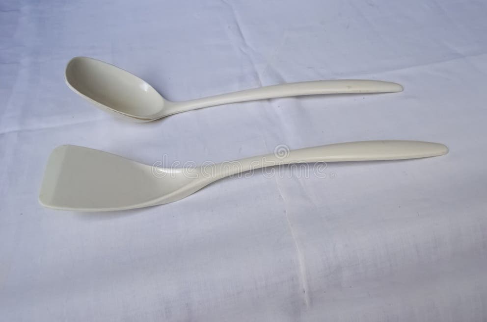 White Melamine Spoon and Turner Stock Image - Image of isolated, table ...