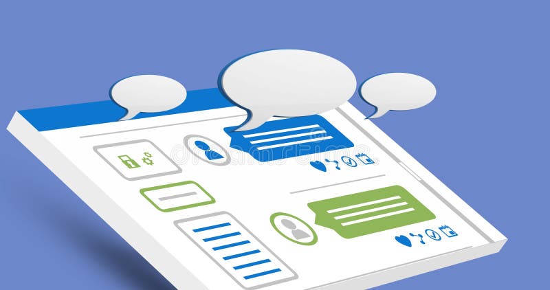 White Message Bubble Icons Hover Above a Tablet with a Blue Interface ...
