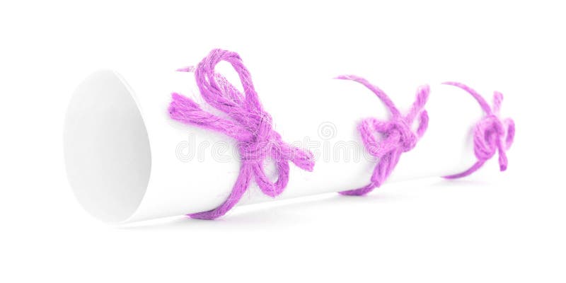 White Message Roll Tied with String, Three Pink Bows Isolated Stock ...