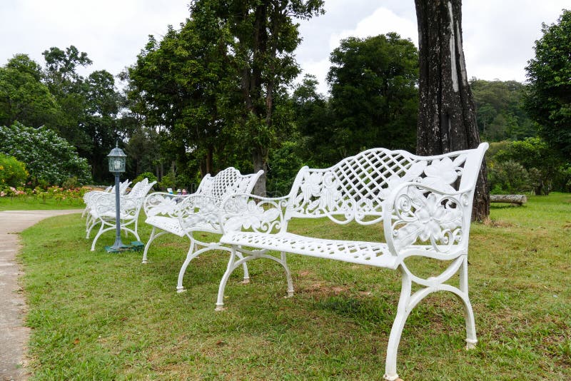 White Metal Bench in the Garden Stock Photo - Image of scene, grass ...