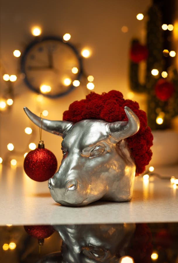 White Metal Bull on a Background of Lights, Symbol of 2021 Stock Image ...