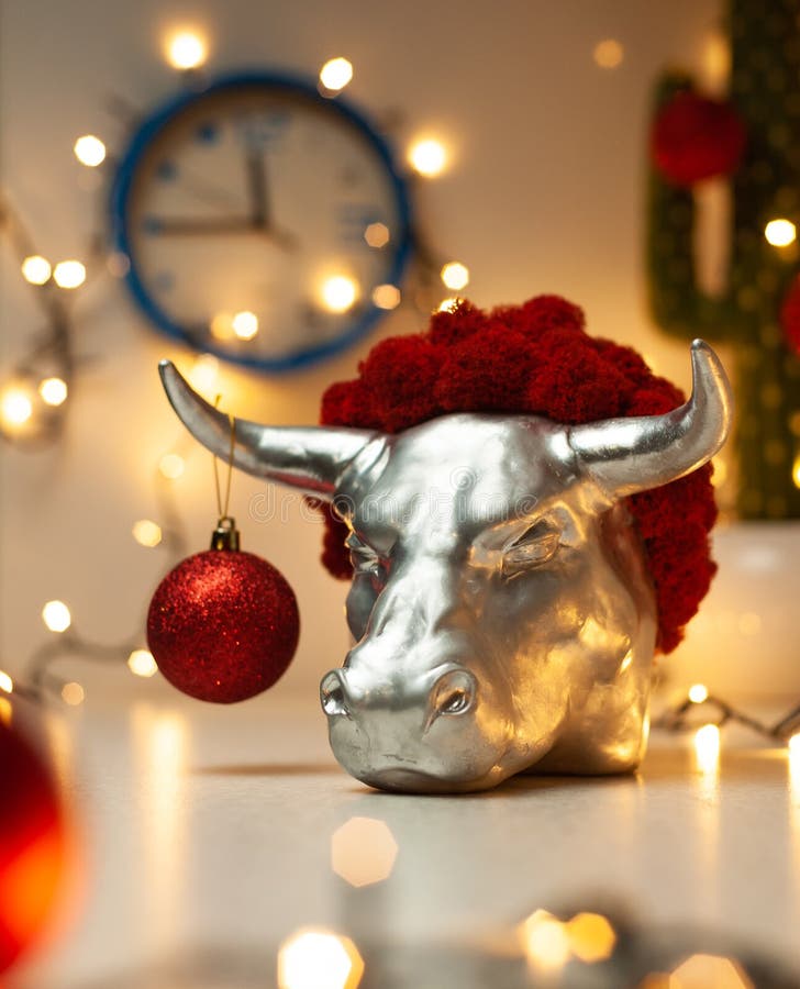 White Metal Bull on a Background of Lights, Symbol of 2021 Stock Photo ...