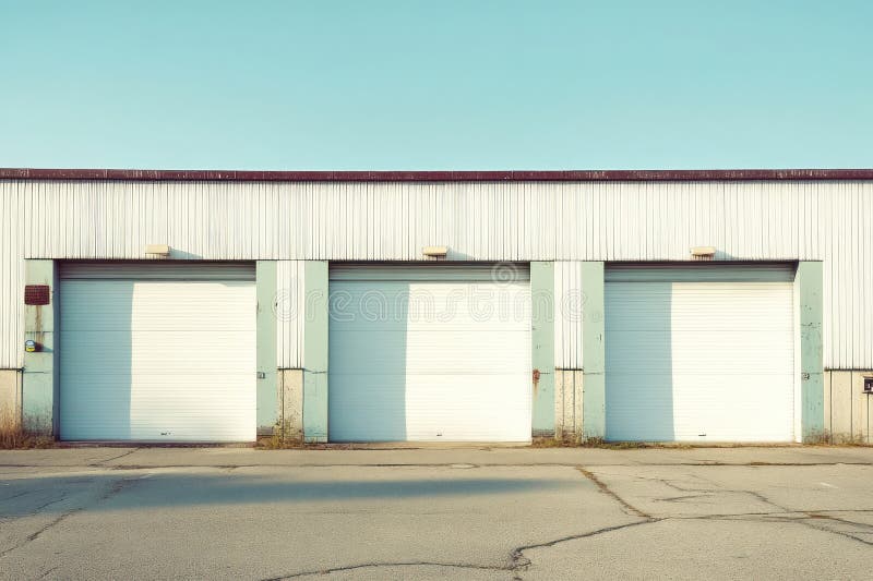 White Metal Commercial Building with Multiple White Garage Doors Stock ...