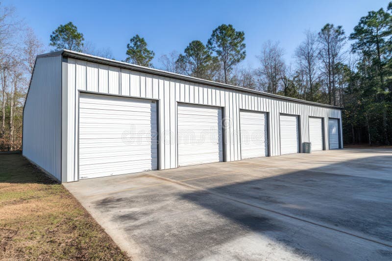 White Metal Commercial Building with Multiple White Garage Doors Stock ...