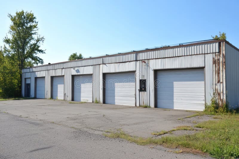 White Metal Commercial Building with Multiple White Garage Doors Stock ...