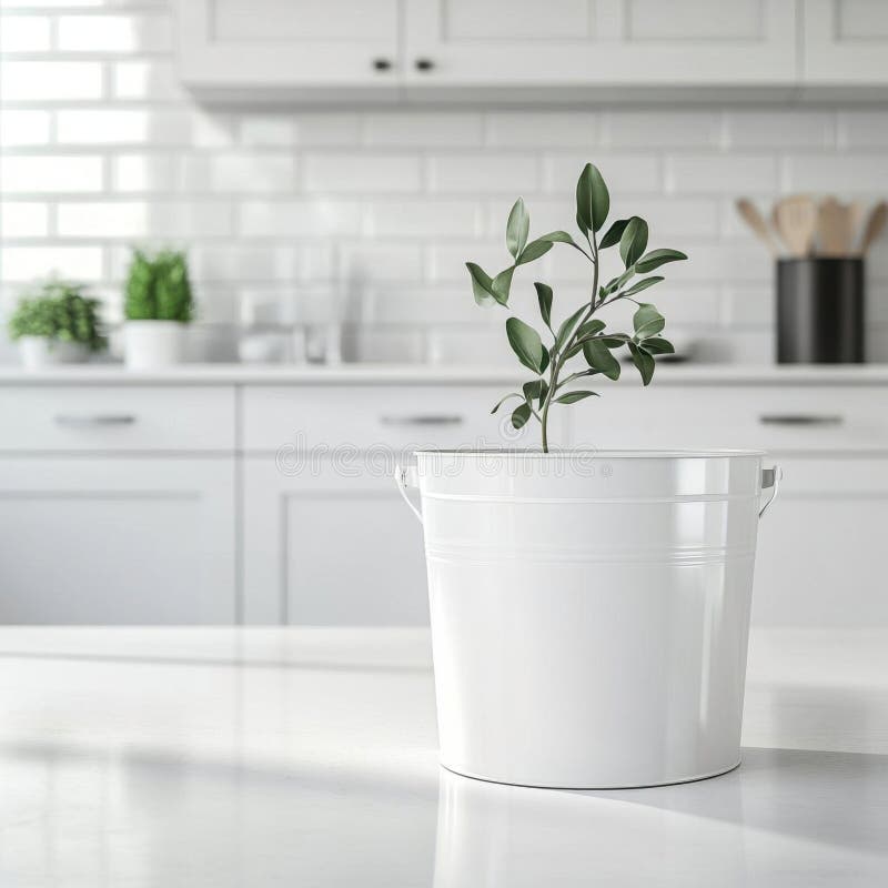 White Metal Planter with Green Plant on White Kitchen Counter Stock ...