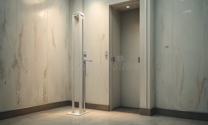 White Metal Pole with Handle Stands in Dimly Lit Hallway, Flanked by ...