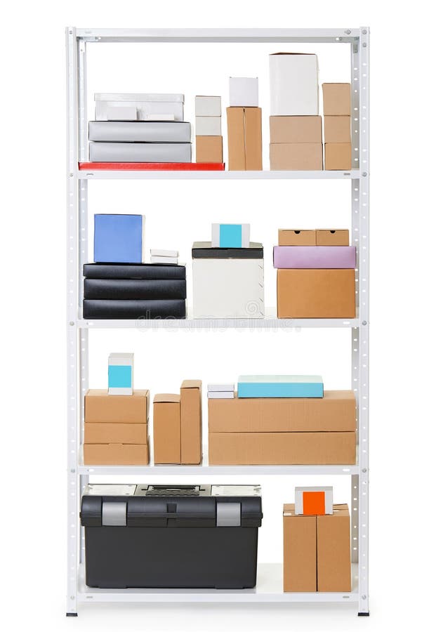 White Rack with Shelves Full of Stuff Stock Image - Image of paper ...