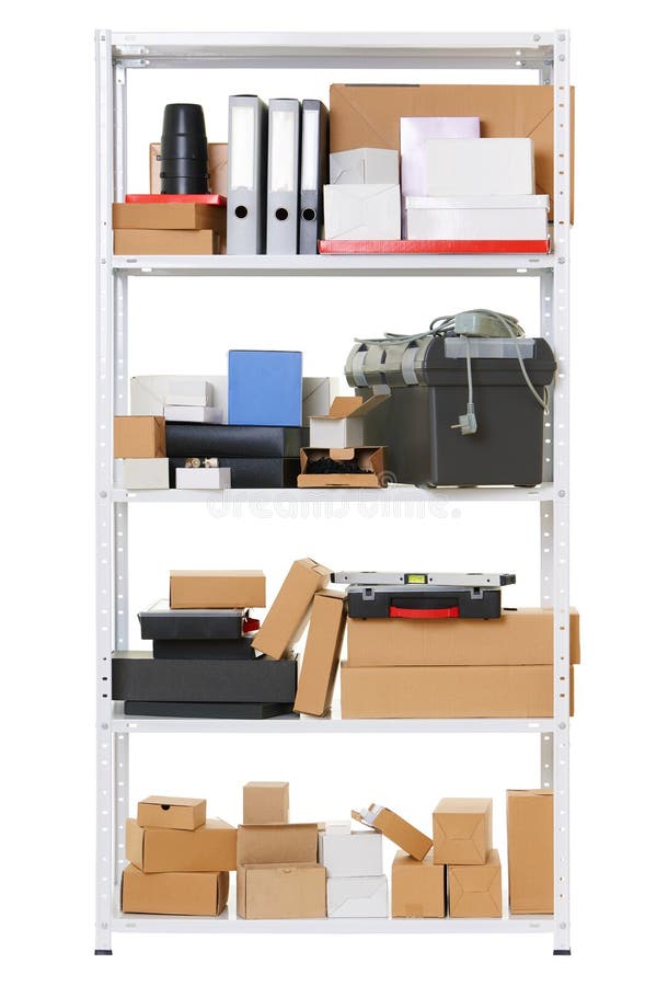 White Rack with Shelves Full of Stuff Stock Image - Image of paper ...