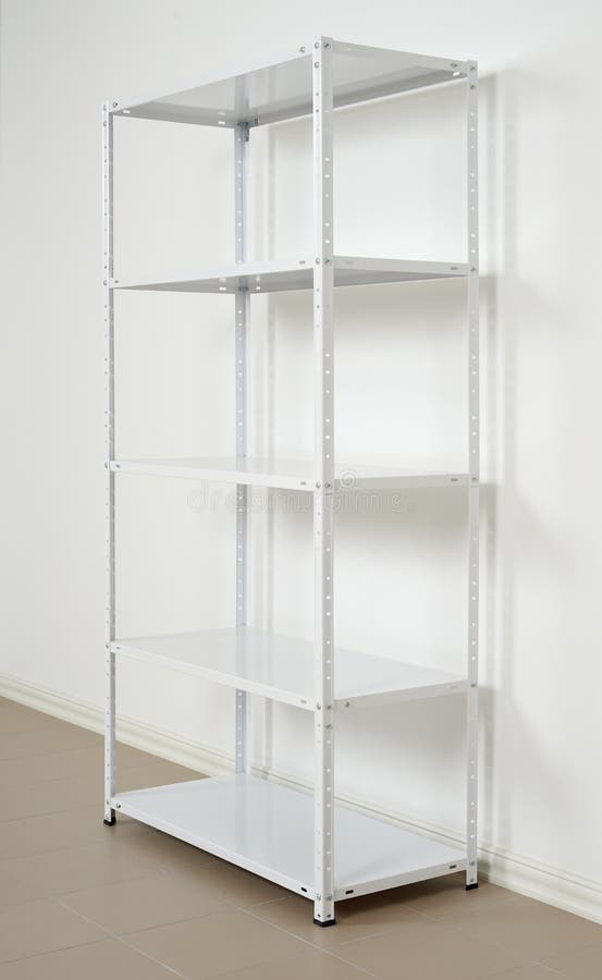 White Metal Rack Near the Wall, Empty Shelves Stock Photo - Image of ...