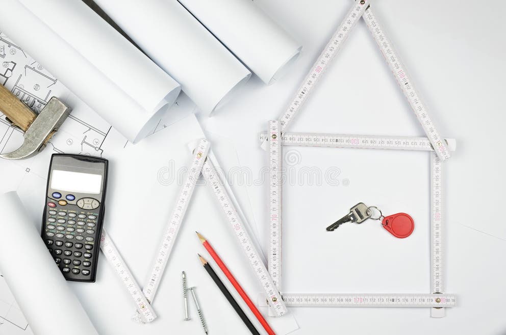White Meter Tool Forming a House and Engineering Tools on White Stock ...