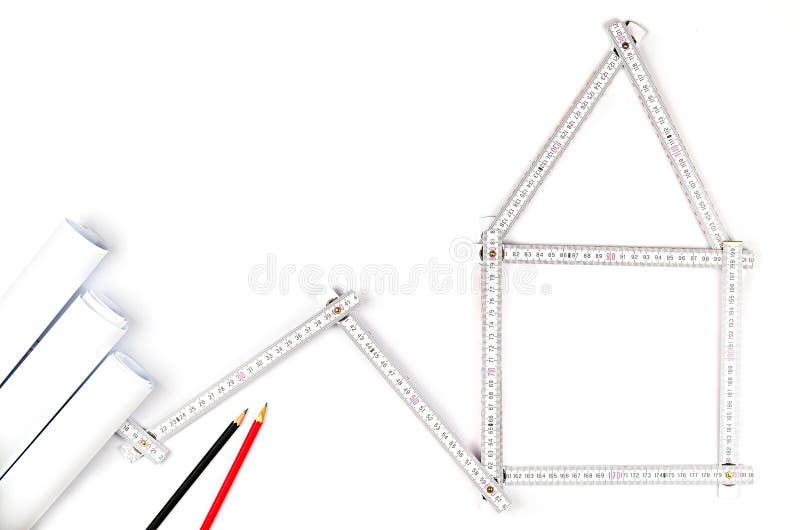 White Meter Tool Forming a House, Two Drawing Pencils and Paper Stock ...