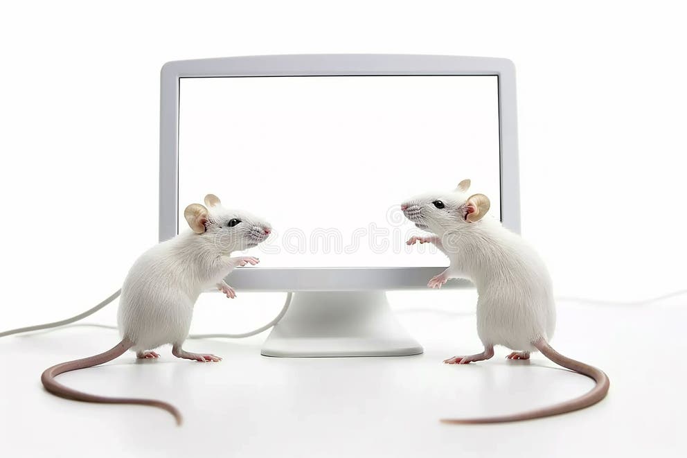 White Mice on the Background of a Computer Monitor with a White Screen ...