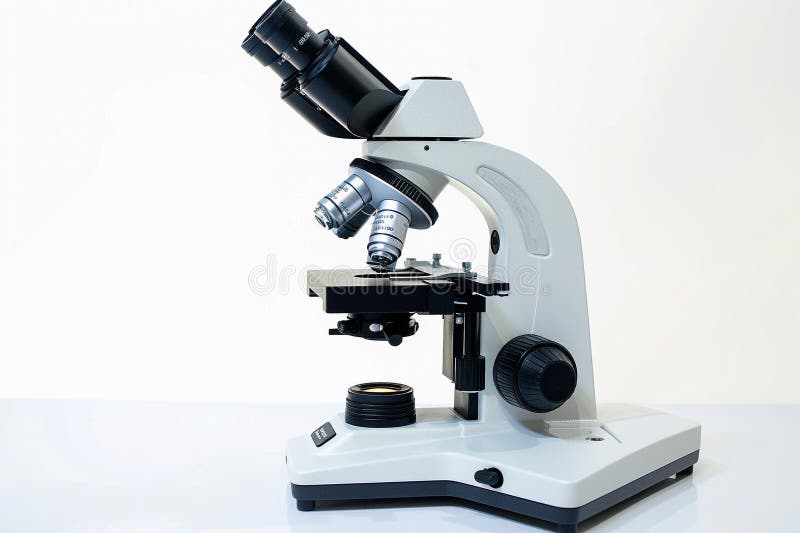 White Microscope with Black Lenses on a White Background Stock ...