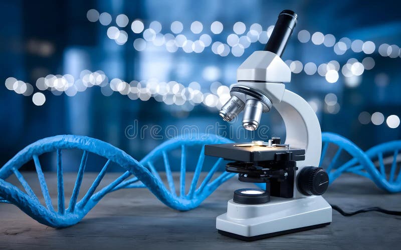 A White Microscope with a Blue DNA Model in Front of it, Against a ...