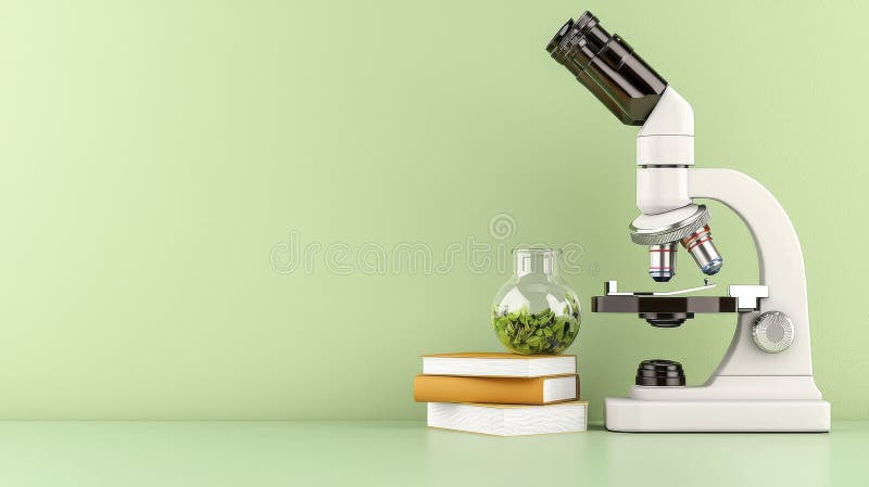 Microscope and Plant Sample on Books, Light Green Background Stock ...