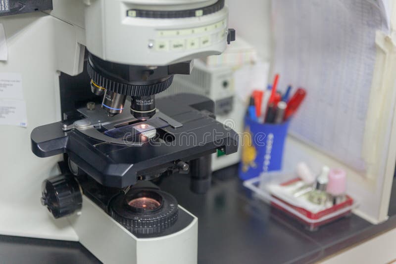 White Microscope in Laboratory Stock Image - Image of care ...