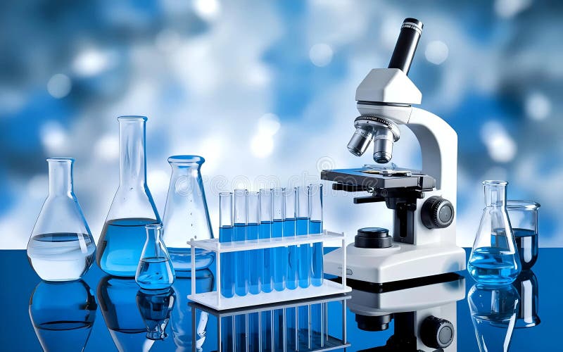 A White Microscope Sits on a Blue Surface with Multiple Clear Glass ...