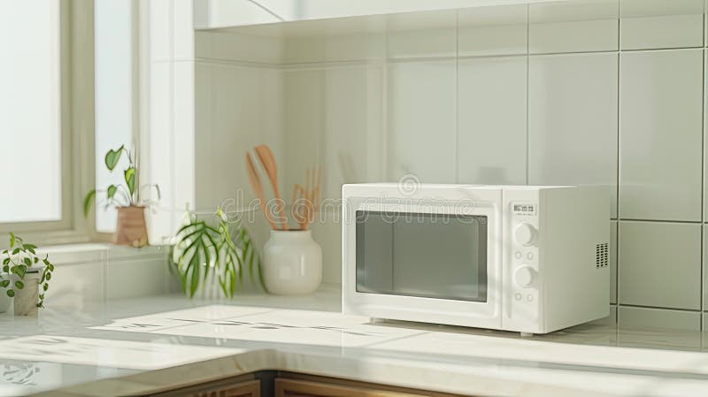 A White Microwave Oven Sits on a Countertop in a Kitchen, with Plants ...