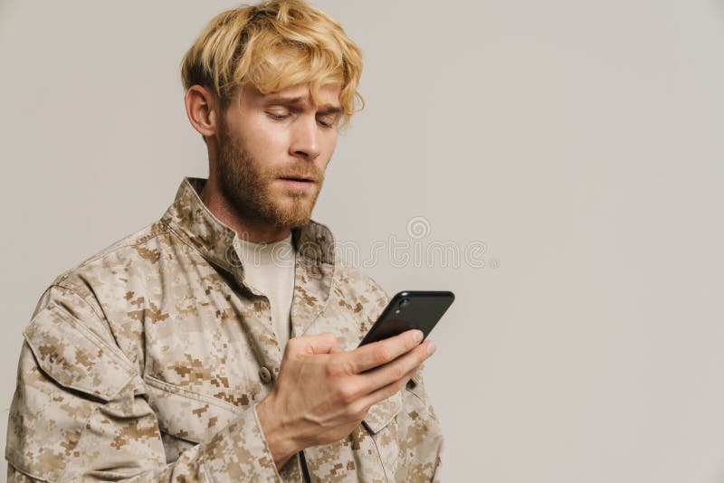 White Military Man Wearing Uniform Using Mobile Phone Stock Photo ...