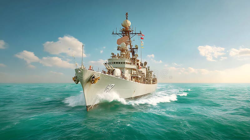 White Military Warship Sailing on a Sunny Ocean Stock Illustration ...