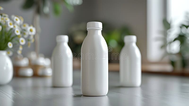 White Milk Bottles on Table Stock Illustration - Illustration of glossy ...