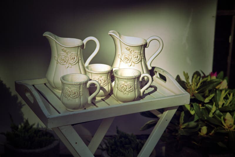 White milk jugs and cups stock photo. Image of ceramic - 71383362