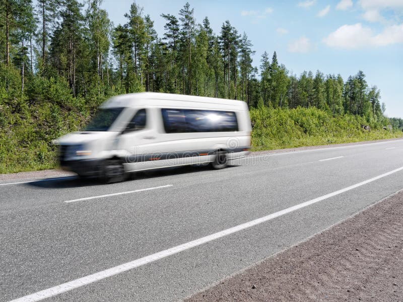 White Mini Bus on Country Highway, Motion Blur Stock Image - Image of ...