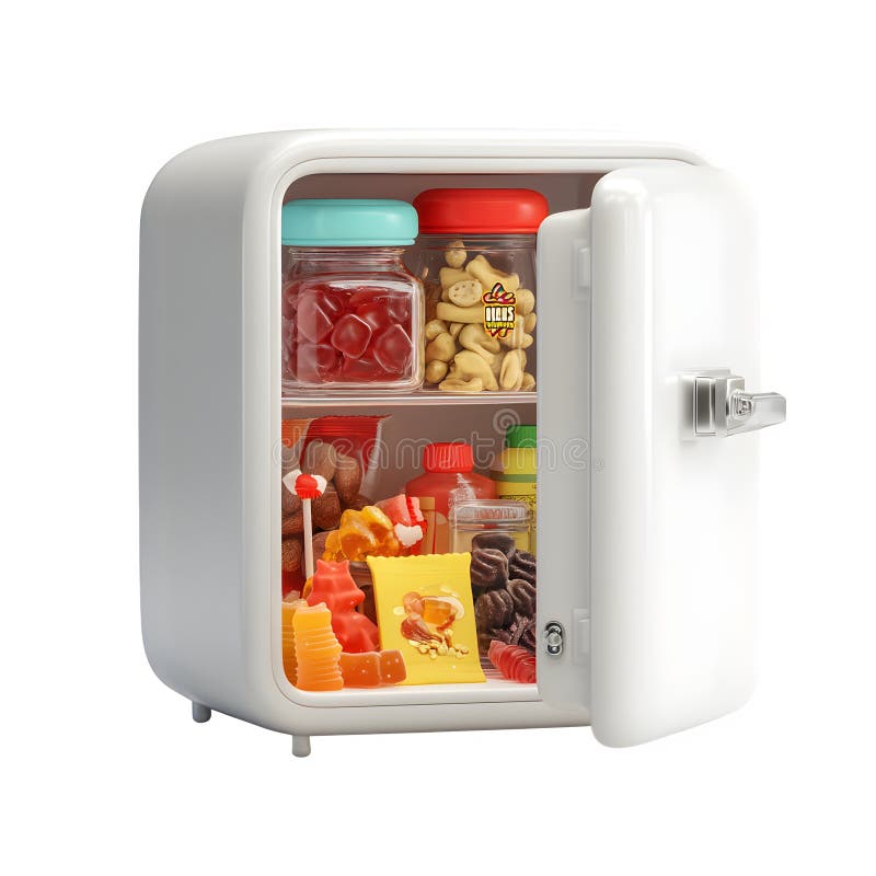 A Miniature Fridge Filled with Jars of Candy and Sweets on a White ...